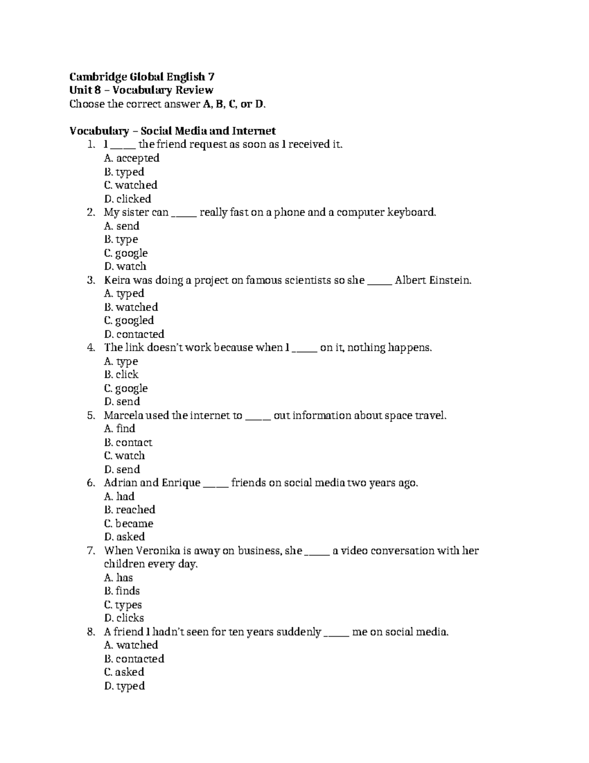 Cambridge Global English 7 S7 Unit 8 Vocabulary Review Answers - Studocu