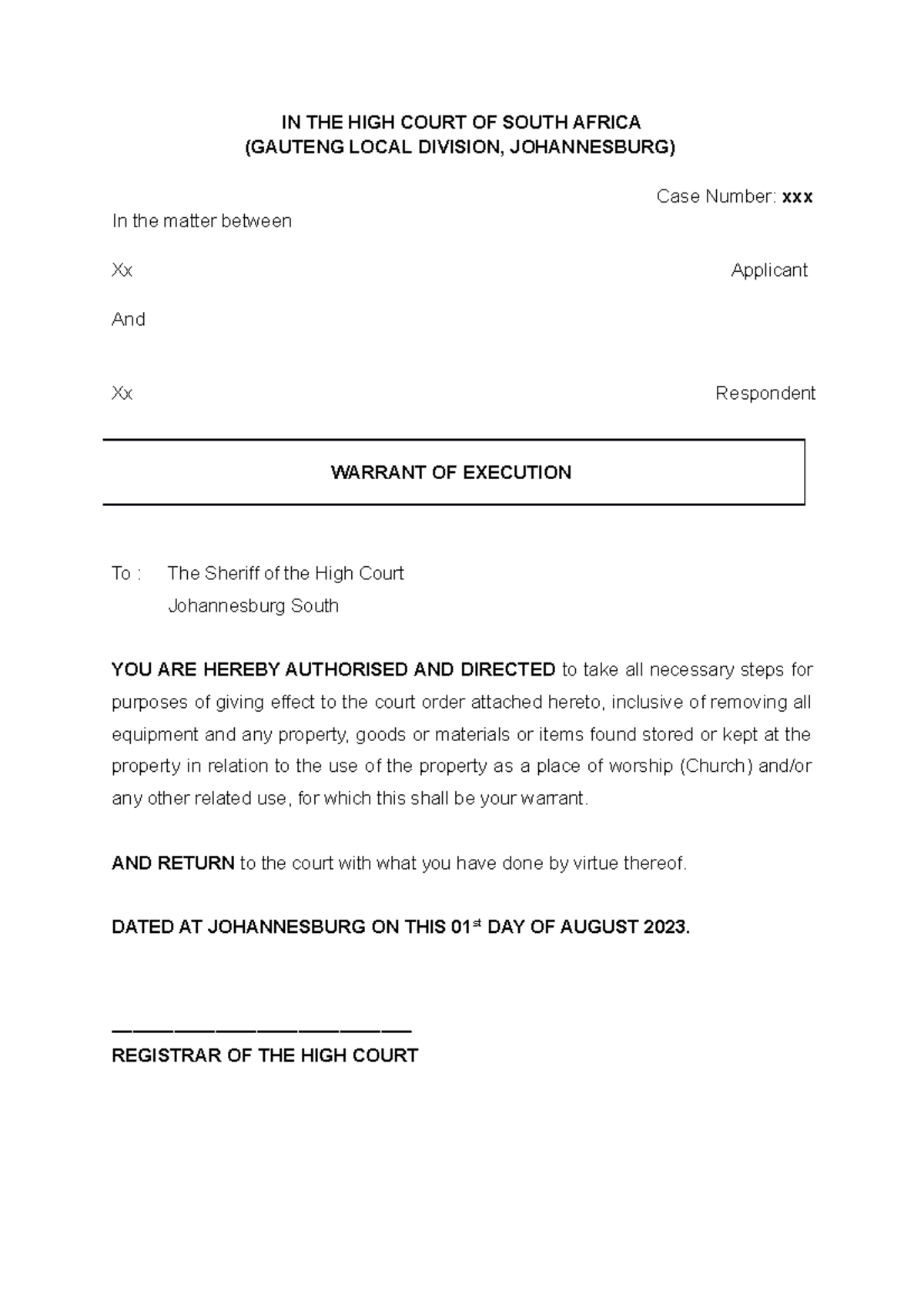 Warrant of Execution Template - High Court Case 2023 - Studocu
