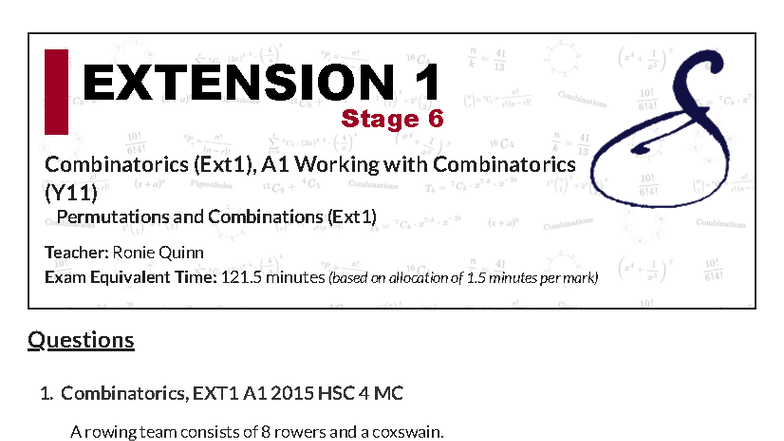 Smarter Maths: EXT1 A1 Permutations & Combinations Guide - Studocu