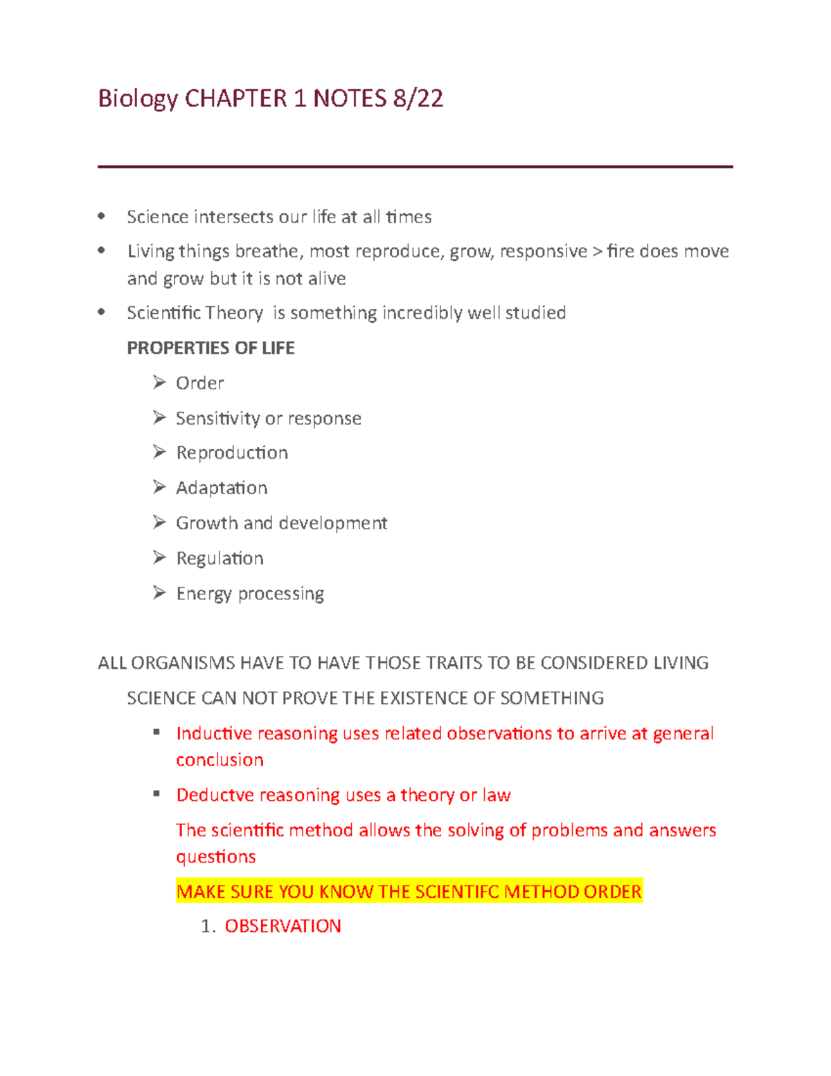 Biology Chapter 1 Notes 82218 - Biology CHAPTER 1 NOTES 8/ Science ...