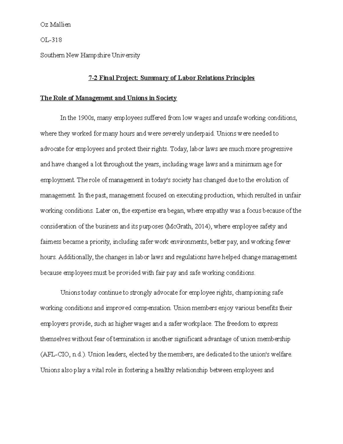 7-2 Final Project Oz Mallien - OL- Southern New Hampshire University 7-2 Final Project: Summary ...