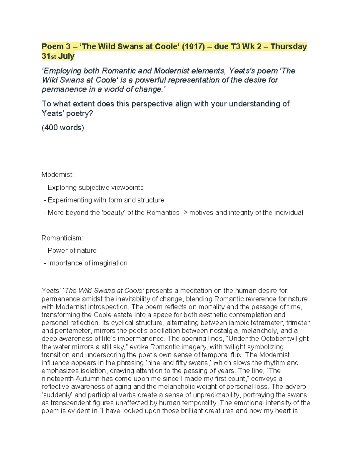 The Wild Swans at Coole: Romantic & Modernist Elements Analysis (T3 Wk ...