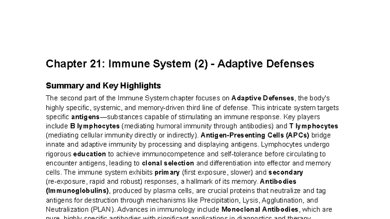 Ch 21: Immune System (2) - Summary of Adaptive Defenses - Studocu