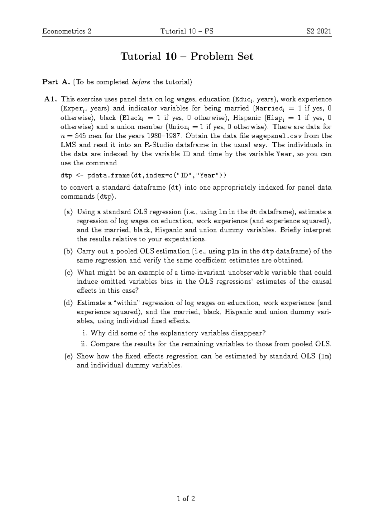 ECOM 2 (2021sem2) - Tutorial 10 Questions - Econometrics 2 Tutorial 10 ...