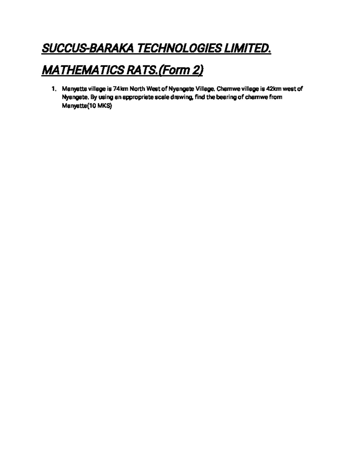 Maths Rat 1: Bearing Calculation for Manyatta & Chamwe (Form 2) - Studocu