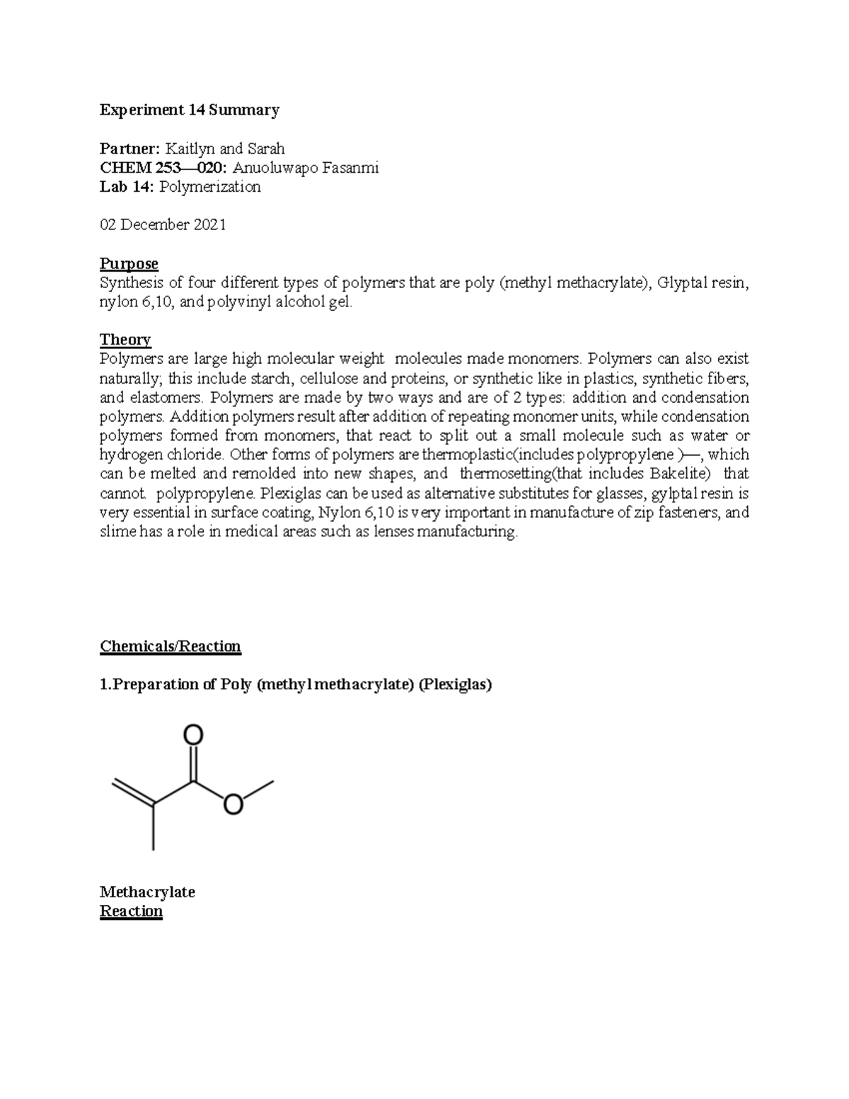 Experiment 14 Summary Polymerization - Experiment 14 Summary Partner ...