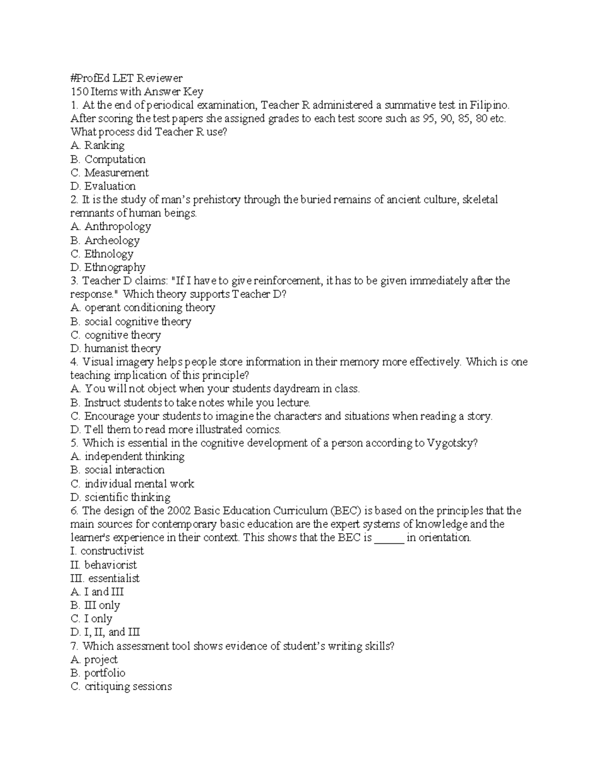 Prof Ed LET Reviewer: 150 Test Items with Answer Key - Studocu