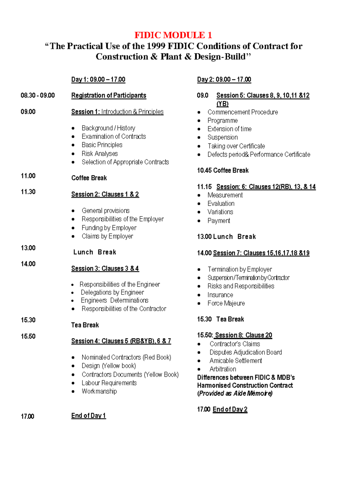 FIDIC MODULE Training Schedule: Conditions of Contract Overview - Studocu