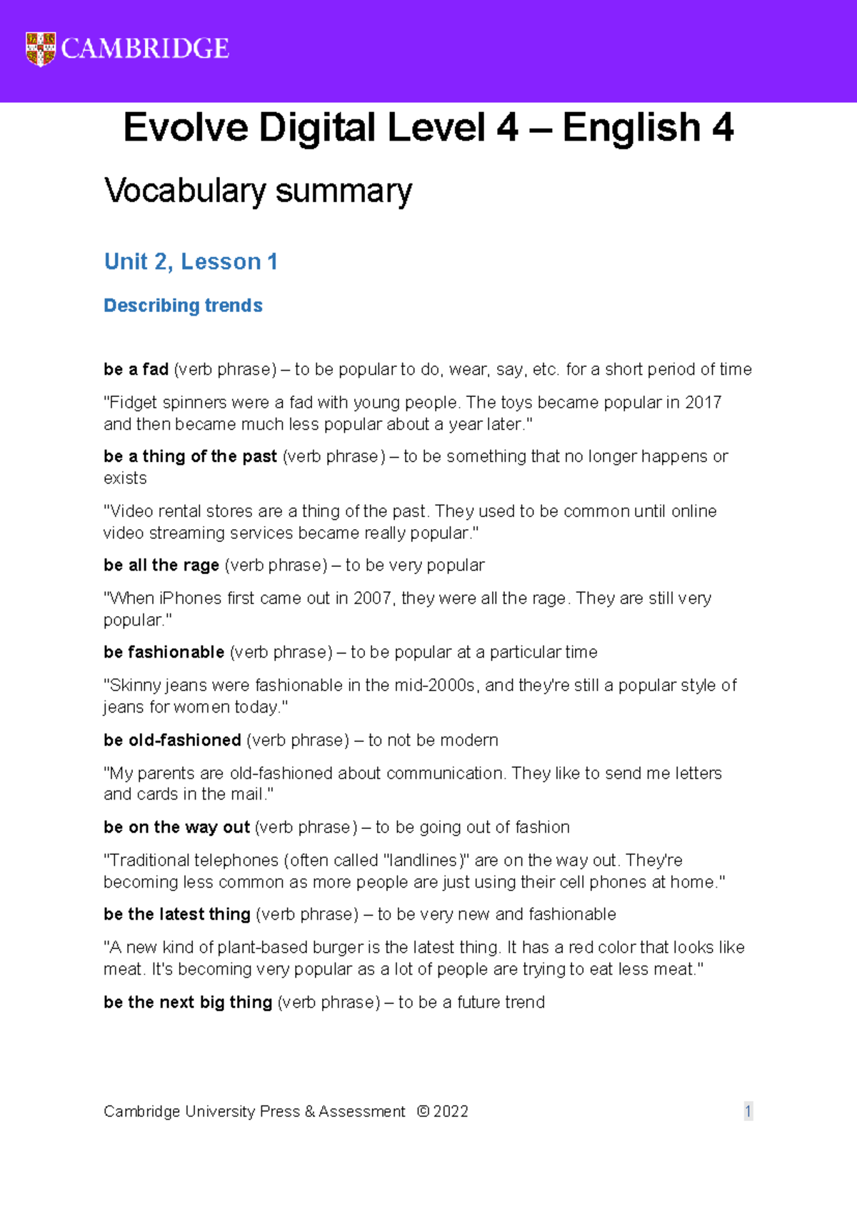 Evolve Digital Level 4 English 4 Vocabulary & Grammar Summary Unit 2 ...