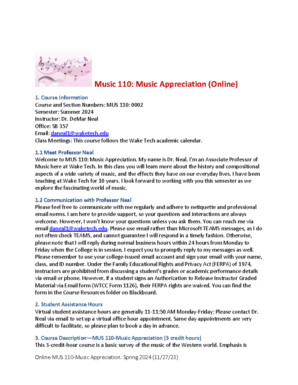 MUS 110: Music Appreciation Syllabus - Summer 2024 - Studocu