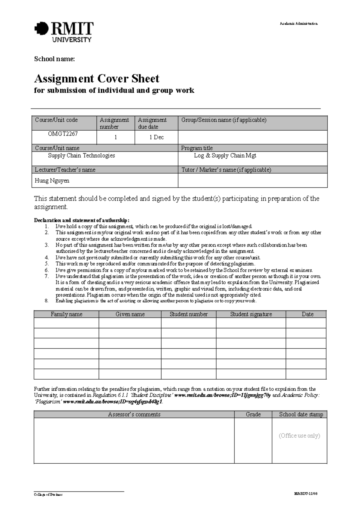 OMGT2199 ASM1 - i got CR - Academic Administration School name ...