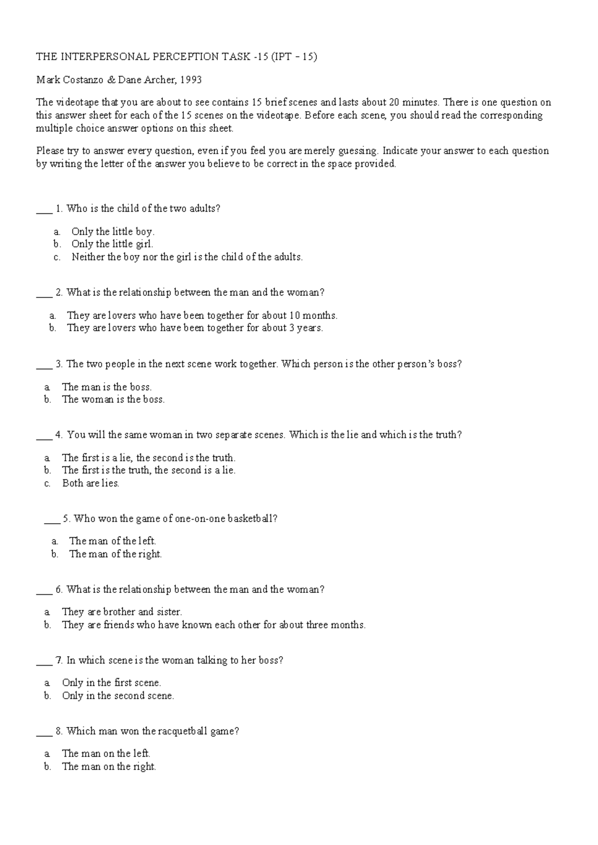 Answer Sheet for Interpersonal Perception Task - IPT 15 - Studocu