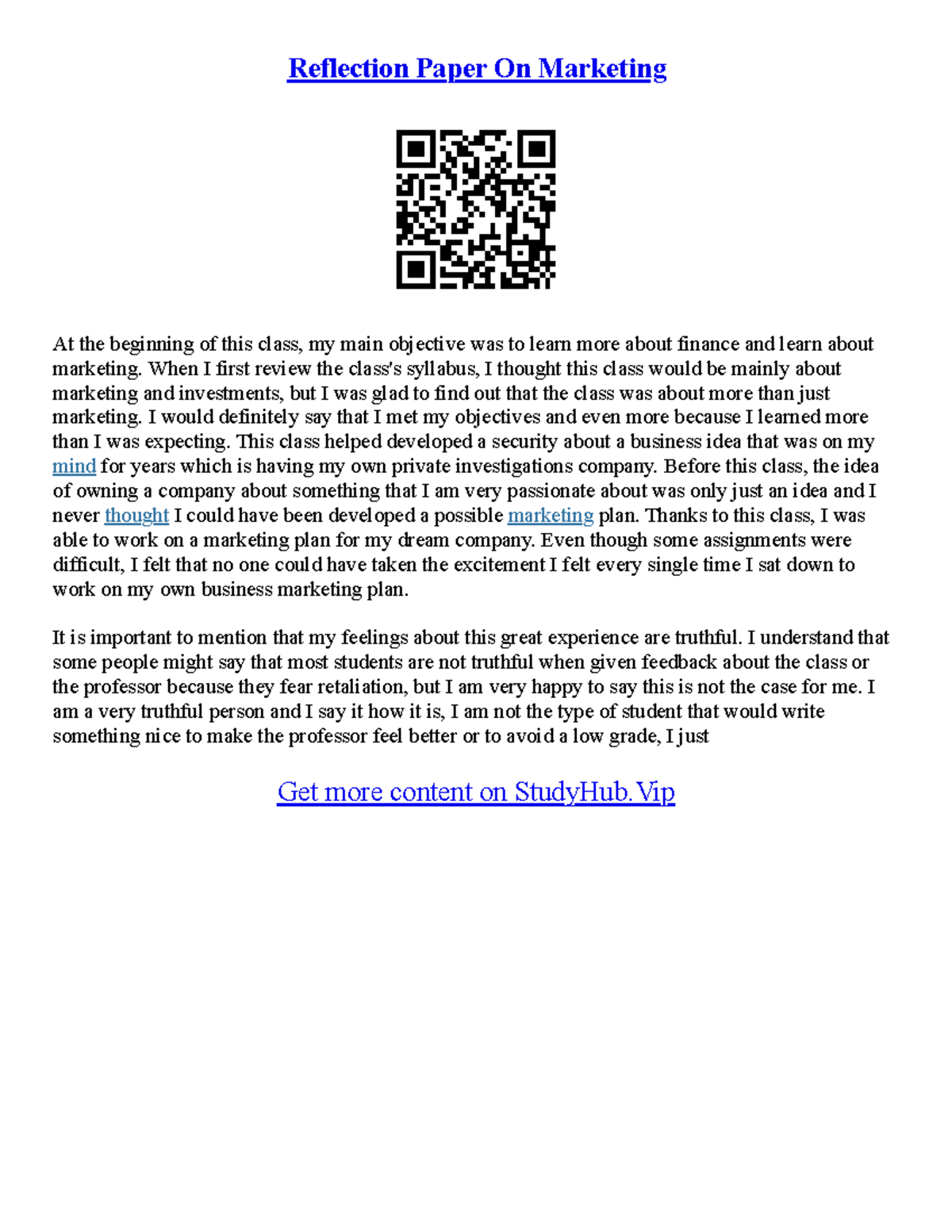 Sample Reflective Essay - Reflection Paper On Marketing At the ...