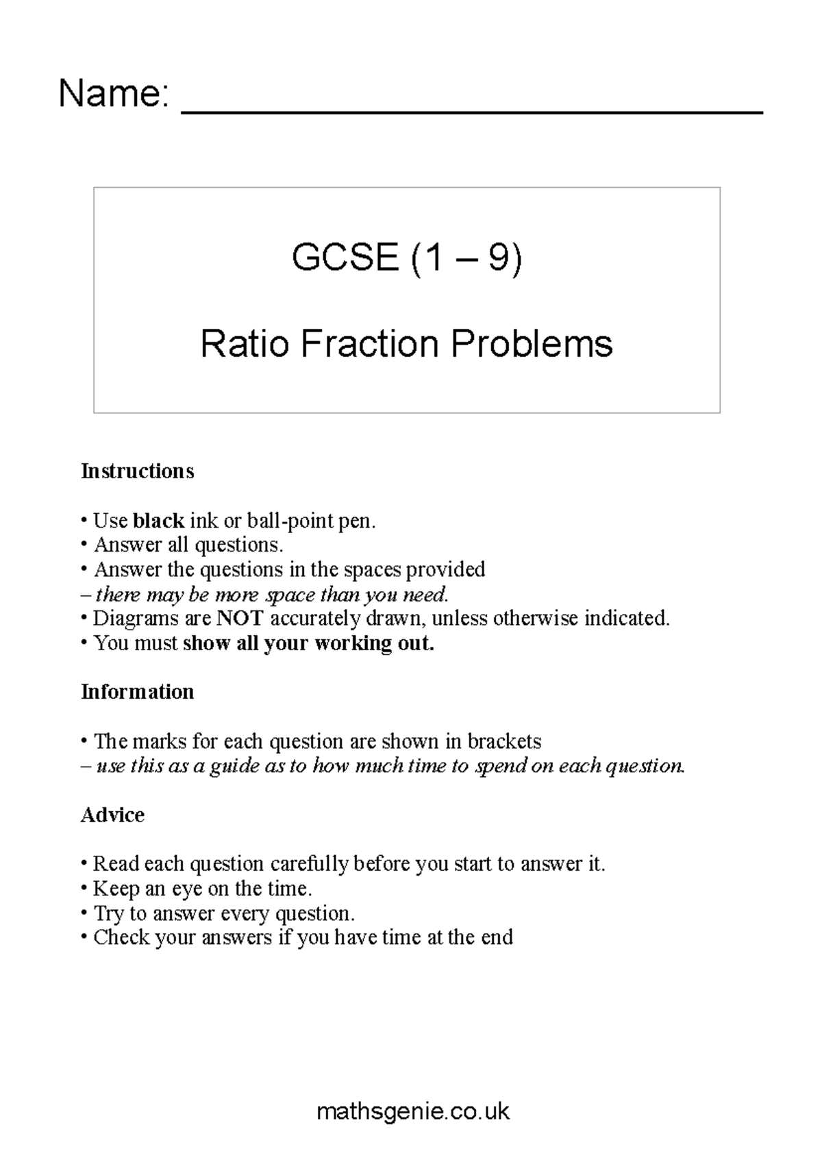 GCSE (1-9) Ratio & Fraction Problem Set with Solutions - Studocu