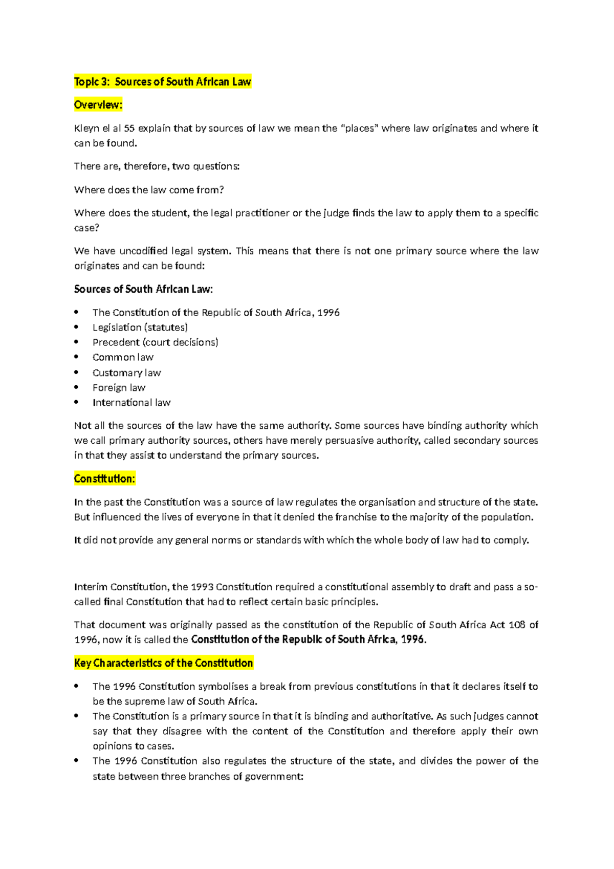 ITL 302 Exam Notes: Overview of Sources of South African Law - Studocu