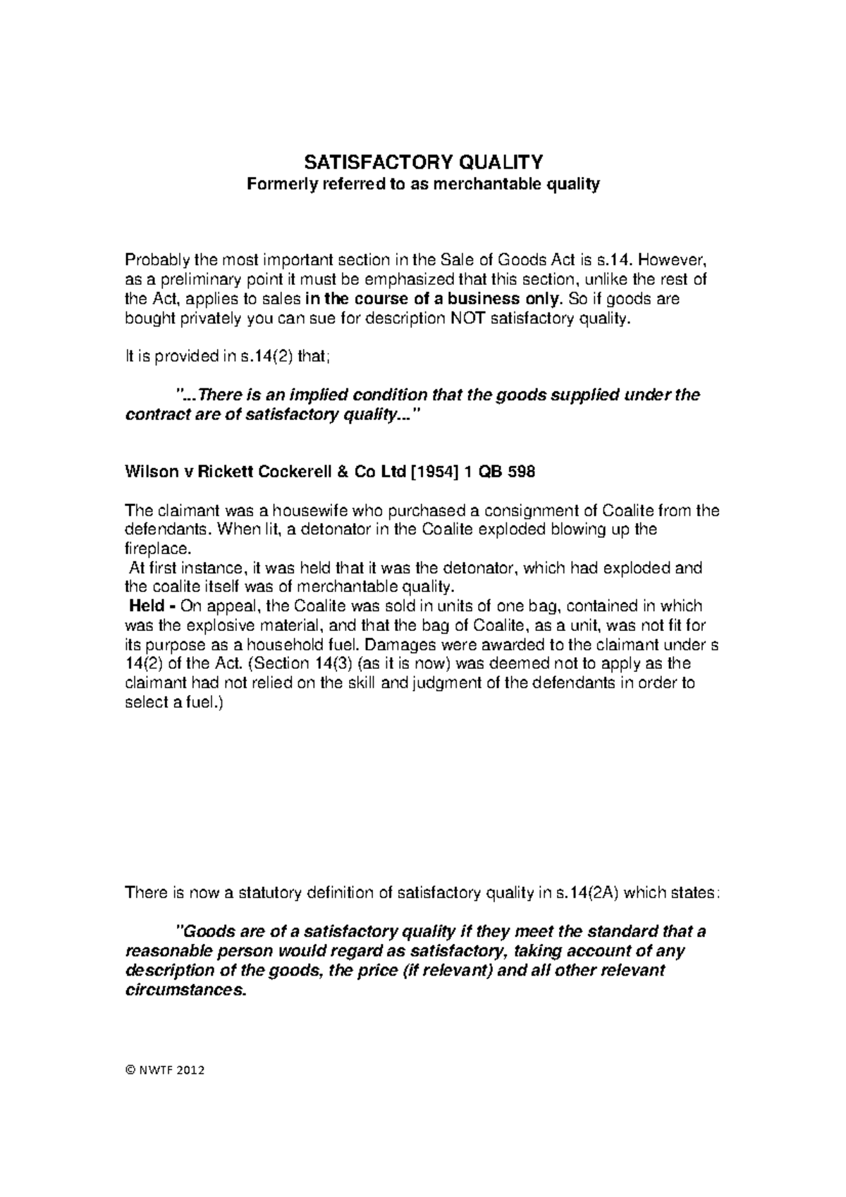 Satisfactory Quality in Commercial Law: Key Cases & Doctrines (NWTF ...