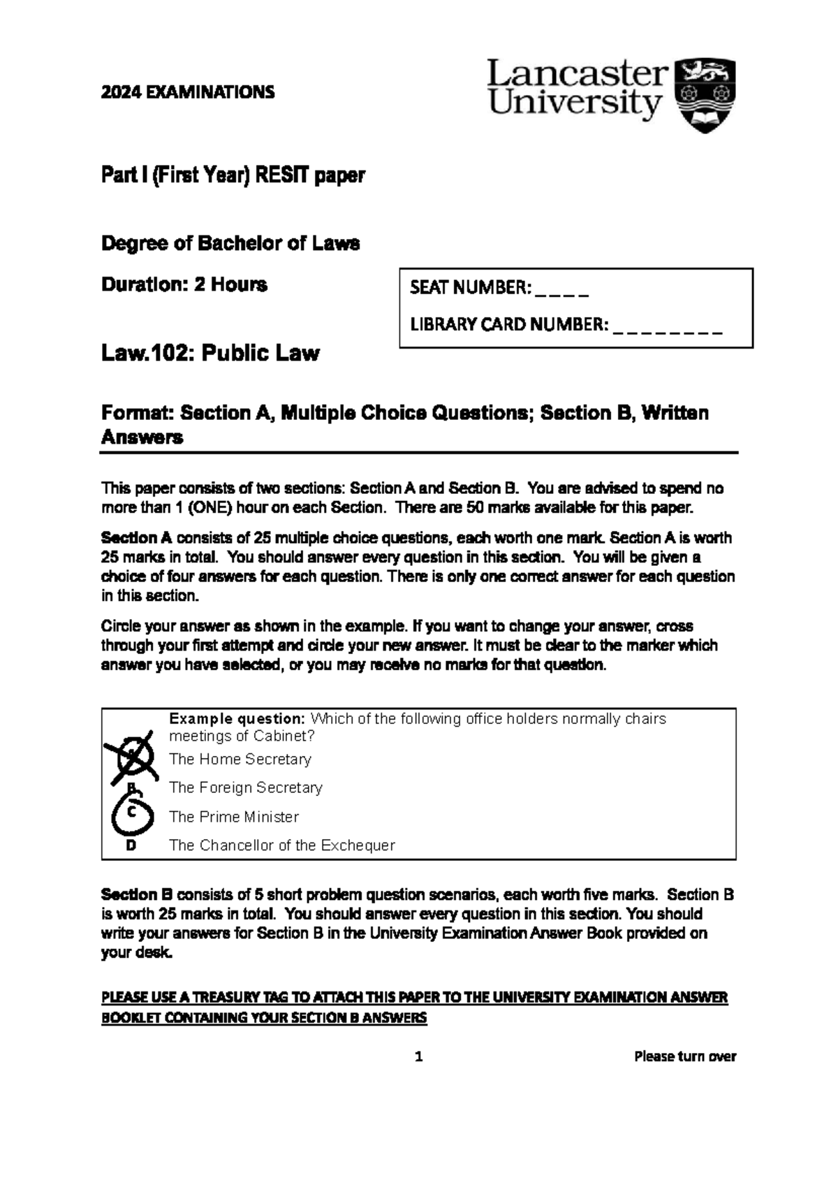 LAW - 102 public law exam 2024 - 1220 - Example question: Which of the ...