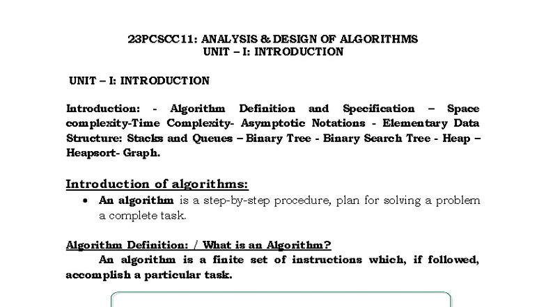 23PCSCC11: UNIT I - INTRODUCTION TO ALGORITHMS AND DATA STRUCTURES - Studocu