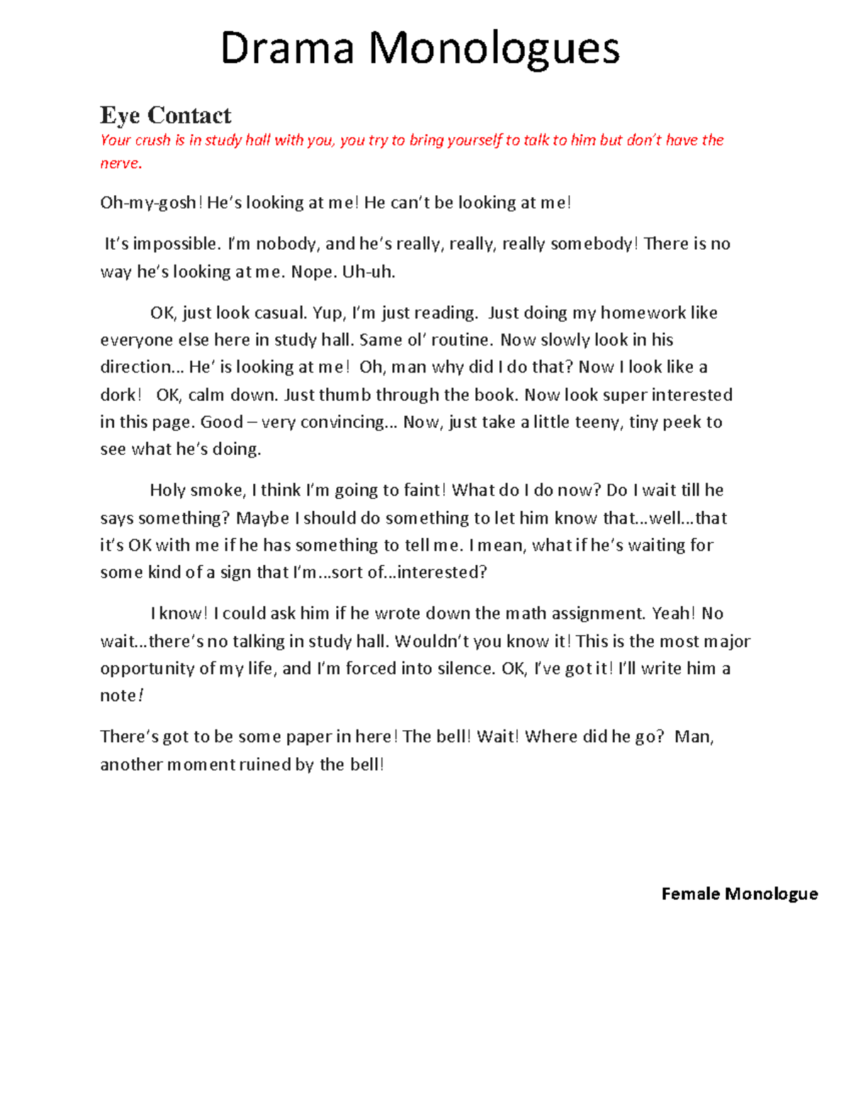 Theatre Monologue Ideas for Creative Performance (THTR 101) - Studocu