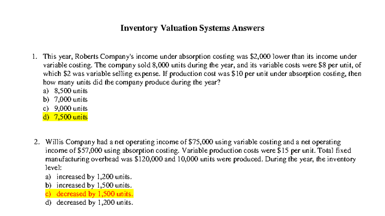 Chapter 8 Inventory Valuation Systems Answers - Costing Methods - Studocu