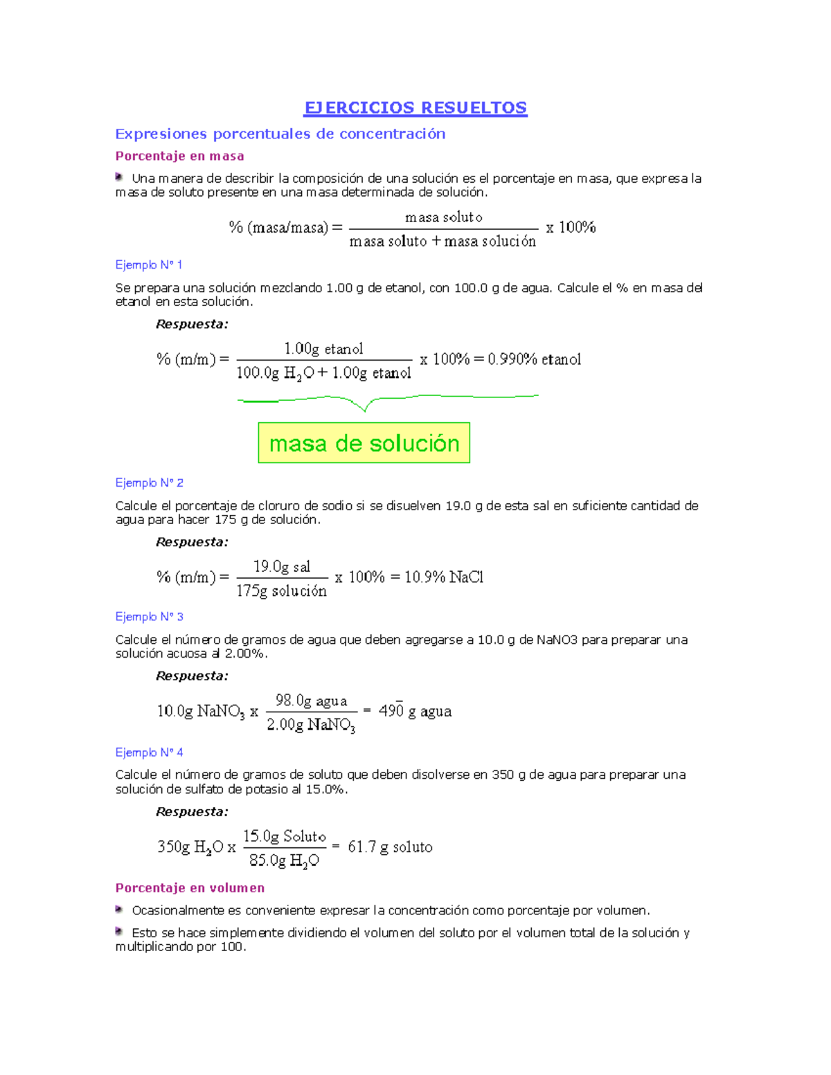 Ejercicios Resueltos sobre Porcentajes y Soluciones (% y Solución) - Studocu