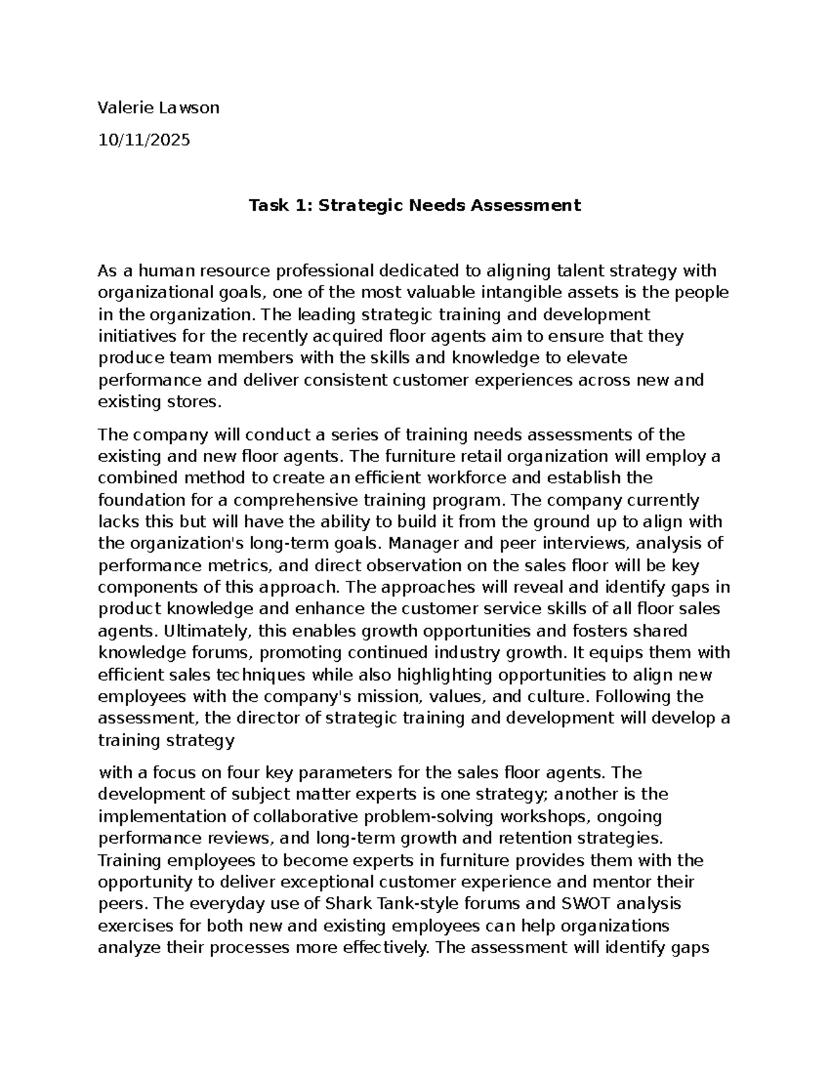 HRM 101: Task 1 - Strategic Needs Assessment for Training Development ...