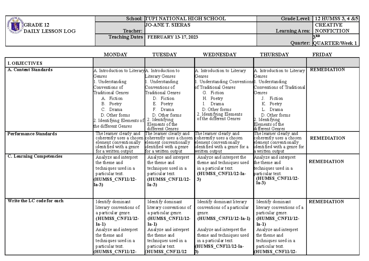 Creative Nonfiction Daily Lesson Log (Grade 12 HUMSS W1) - Studocu