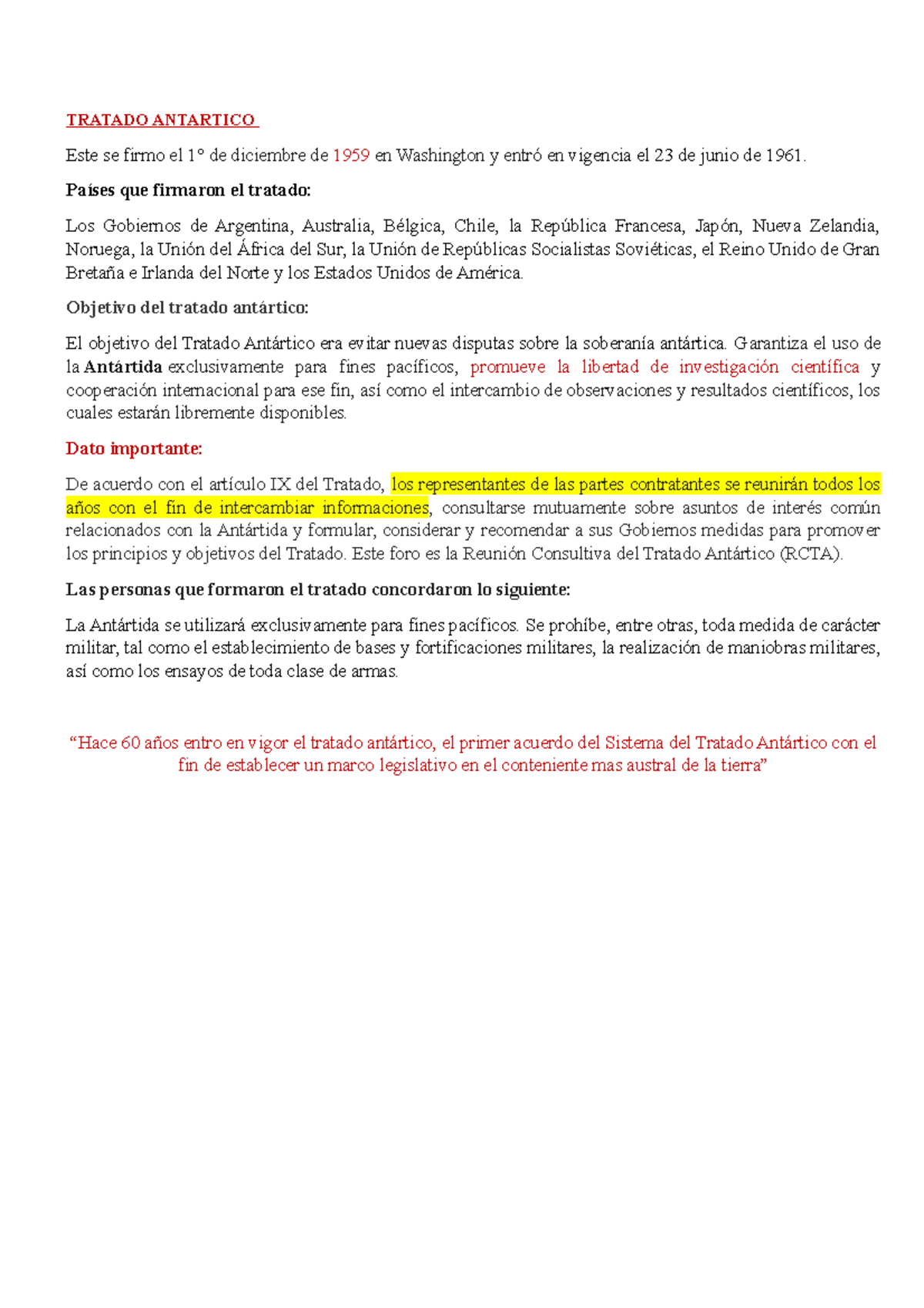 Tratado Antartico - cvbnm - TRATADO ANTARTICO Este se firmo el 1° de ...