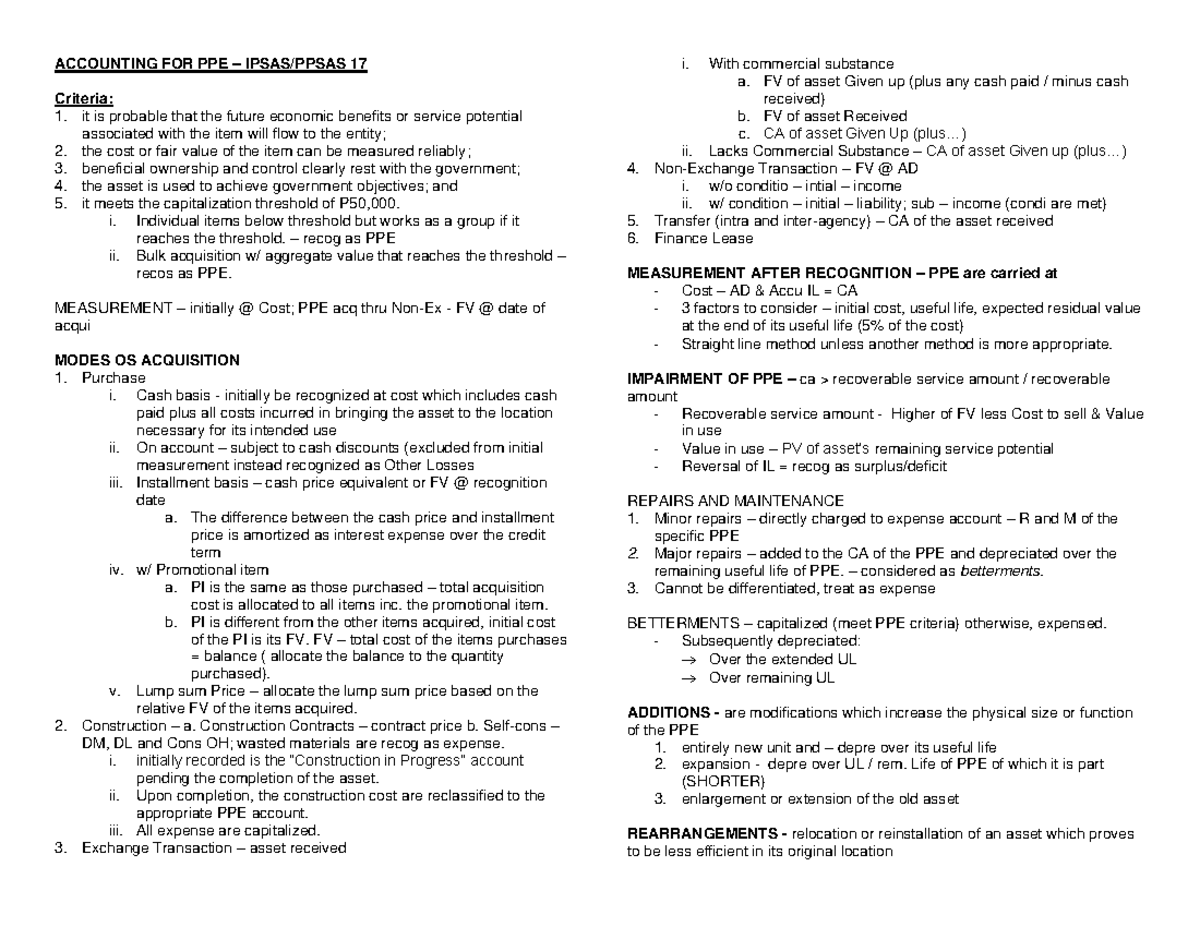 Accounting for PPE: Understanding IPSAS/PPSAS 17 Guidelines - Studocu