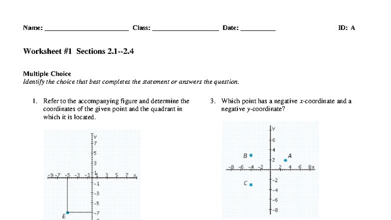 MATH 101: Multiple Choice Worksheet on Coordinate Geometry and ...