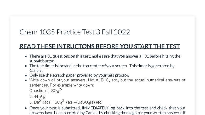 Practice Test 3 for Chem 1035 - Fall 2022 - Studocu