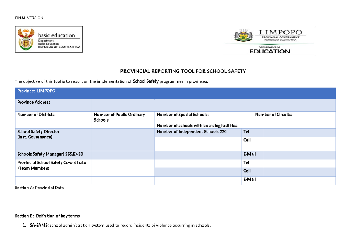 DBE-Limpopo School Safety Report Q4 Review and Data Summary - Studocu