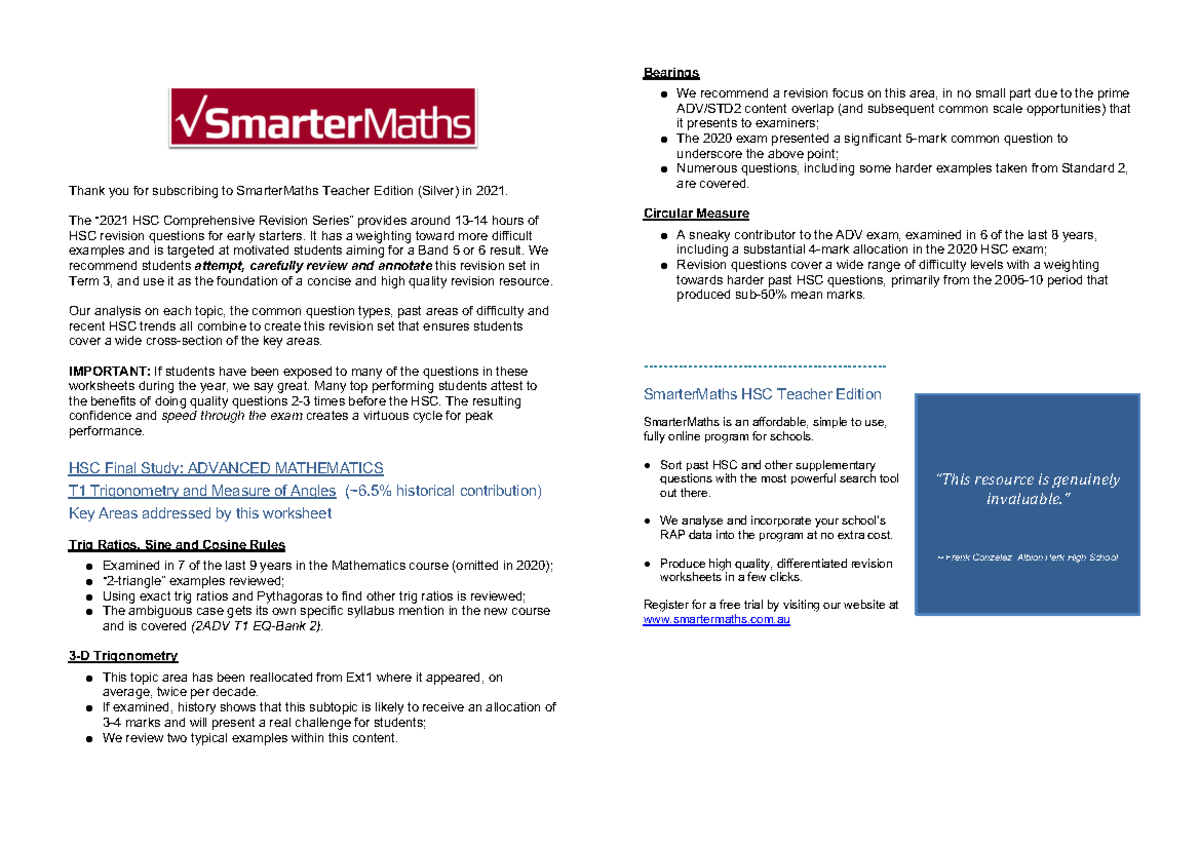 ADV 2021 HSC Comprehensive Revision: Trigonometry & Bearings T1 - Studocu