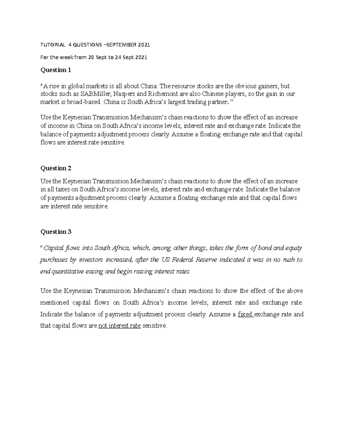 Tutorial 4 Questions BB-2021 - TUTORIAL 4 QUESTIONS –SEPTEMBER 2021 For ...