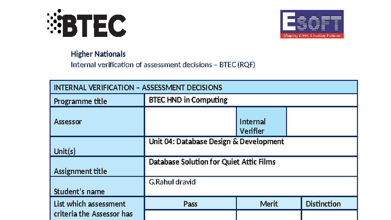 BTEC HND Computing Unit 04: Database Design Development Assignment - Studocu