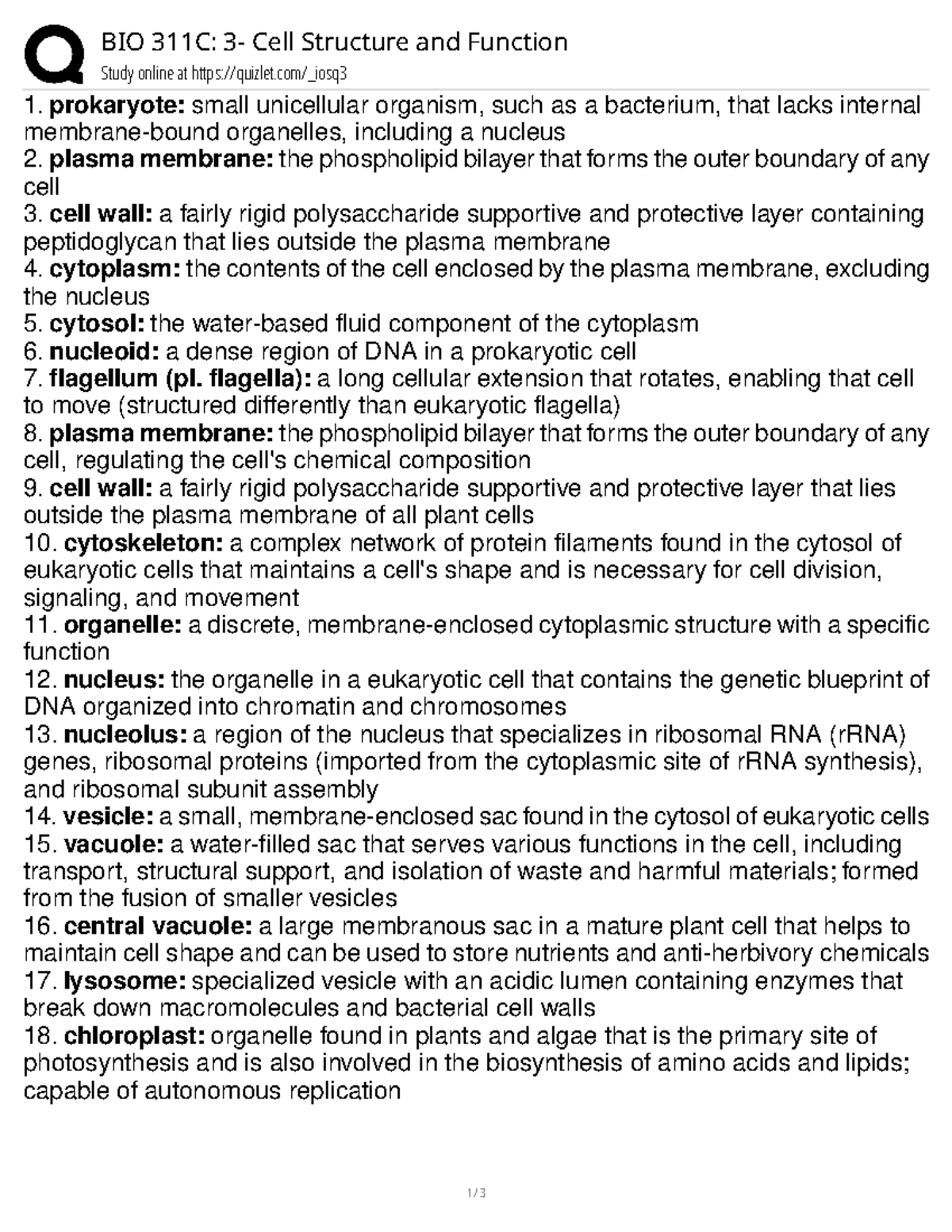BIO 311C: Cell Structure and Function Study Guide - BIO 311C: 3- Cell Structure and Function ...
