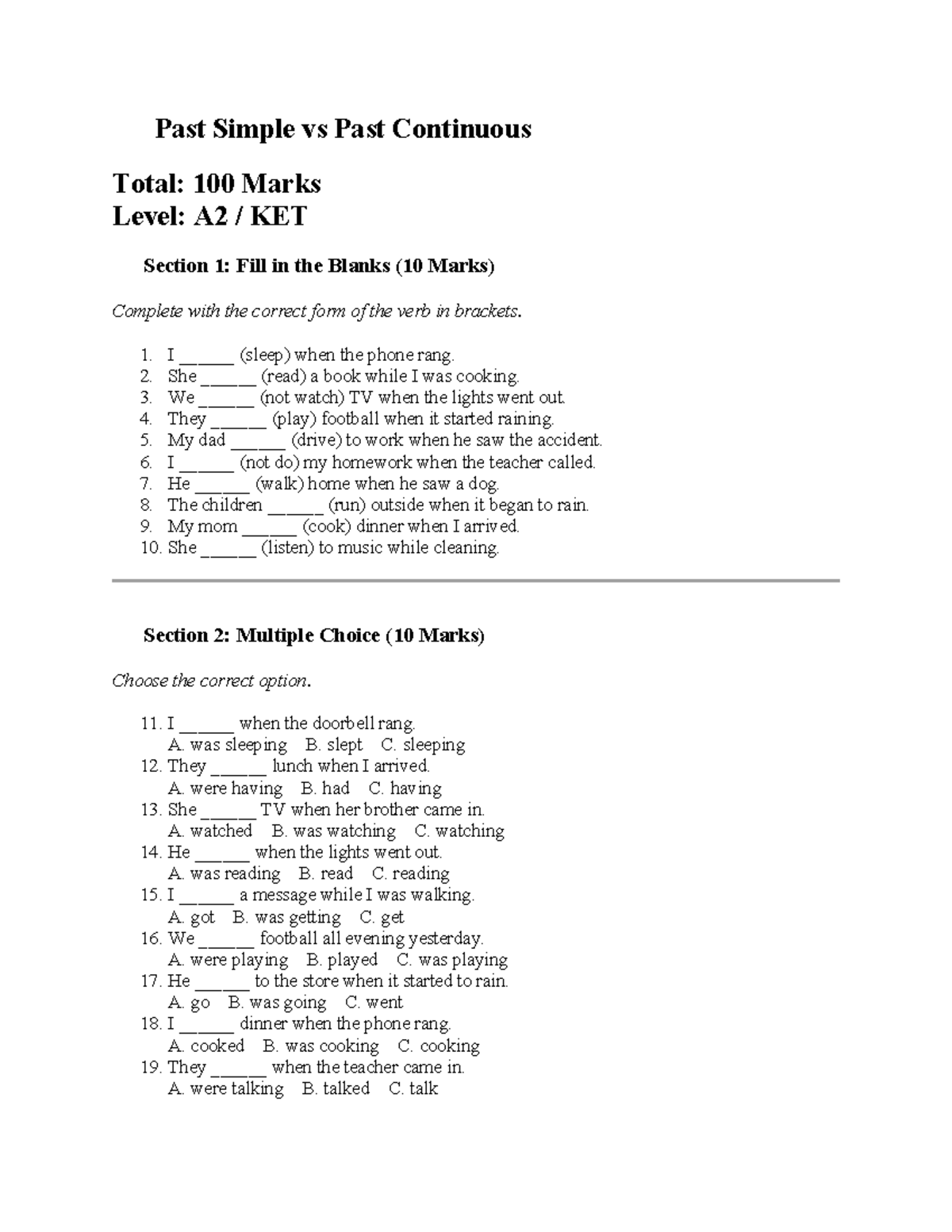 Past Simple vs Past Continuous: A2 KET Practice Exam - Studocu