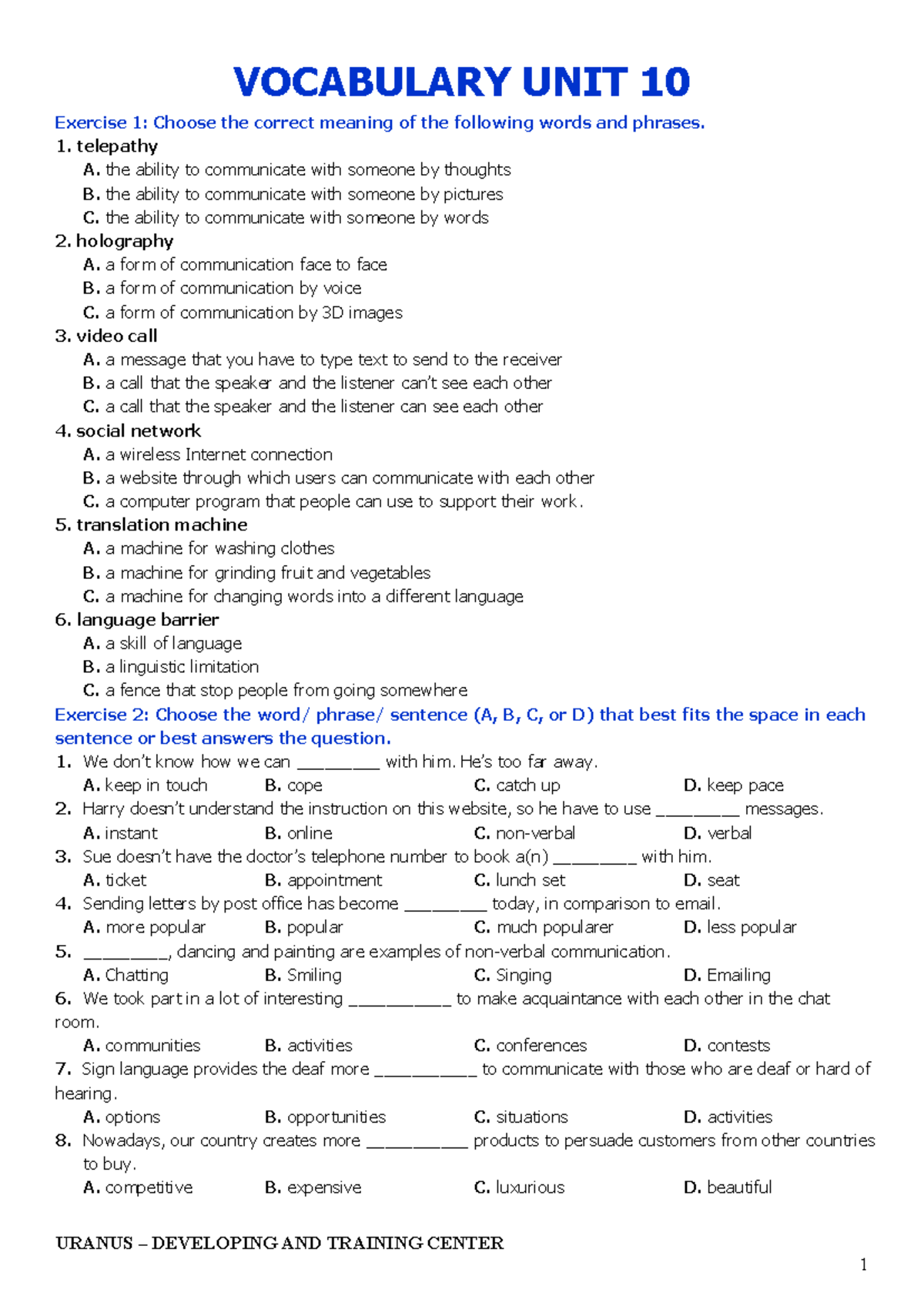 Vocab - UNIT 10 - Communication Concepts and Exercises - Studocu