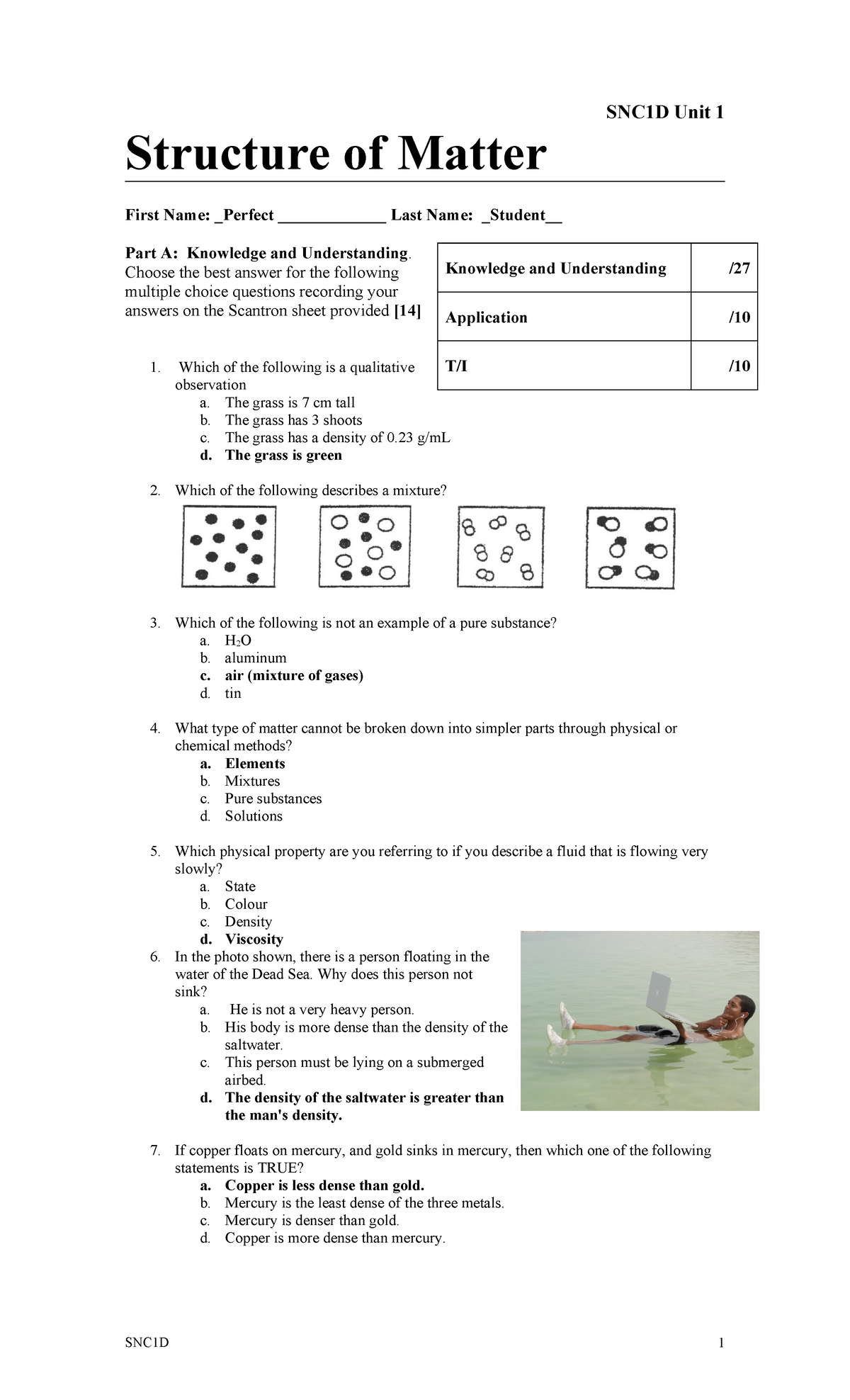 SNC1D Structure of Matter Test 2015 Answer Key - Studocu