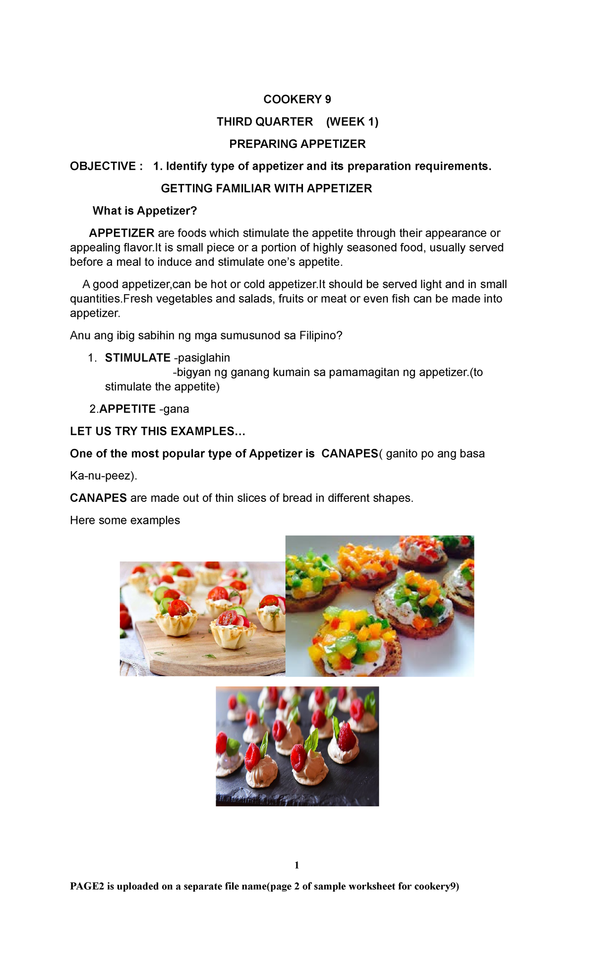Worksheet for COOKERY - COOKERY 9 THIRD QUARTER (WEEK 1) PREPARING ...
