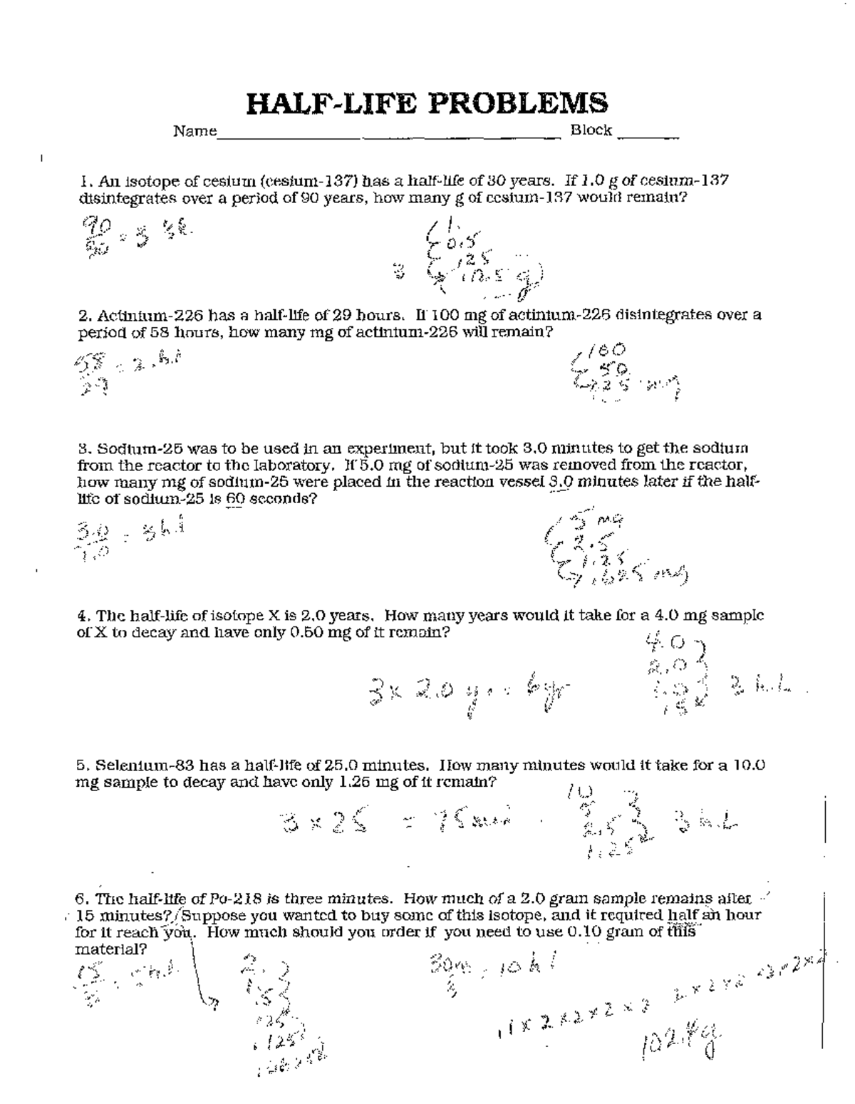 Half Life Calculations Worksheet