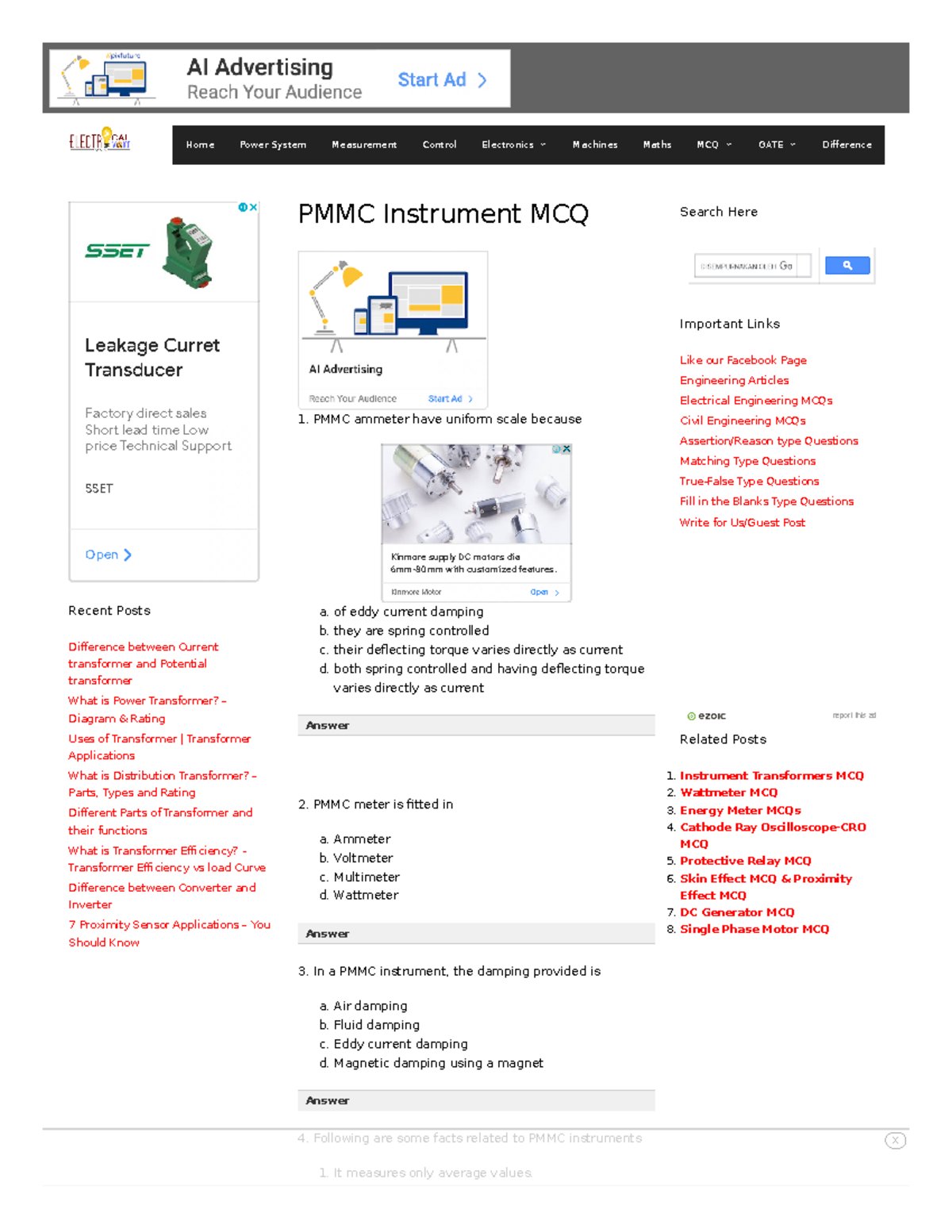PMMC Instrument MCQ Review for Electrical Engineering Students - Studocu