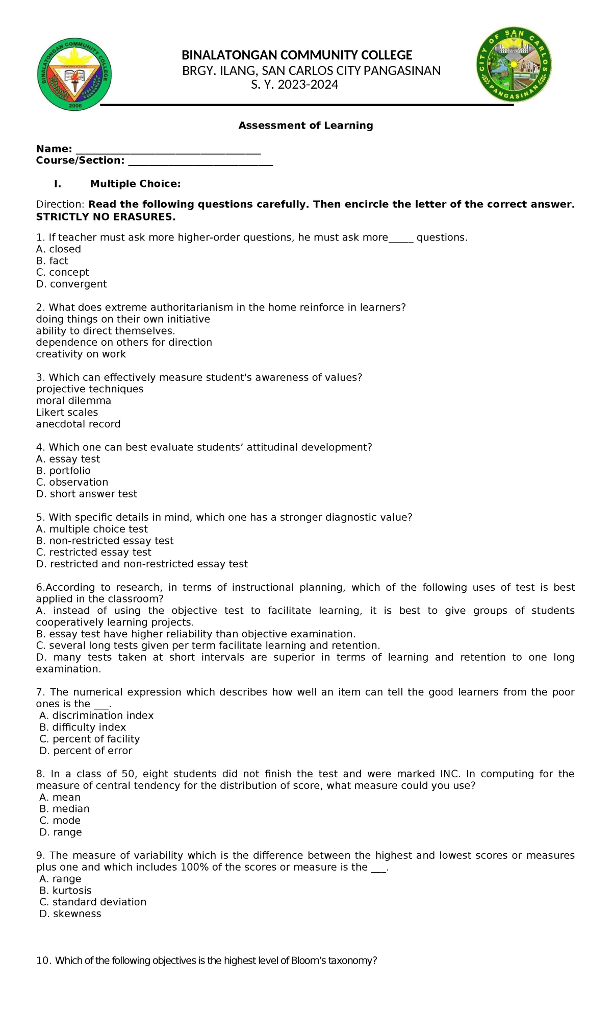 Assessment in Learning 1: Multiple Choice Questions Overview - Studocu