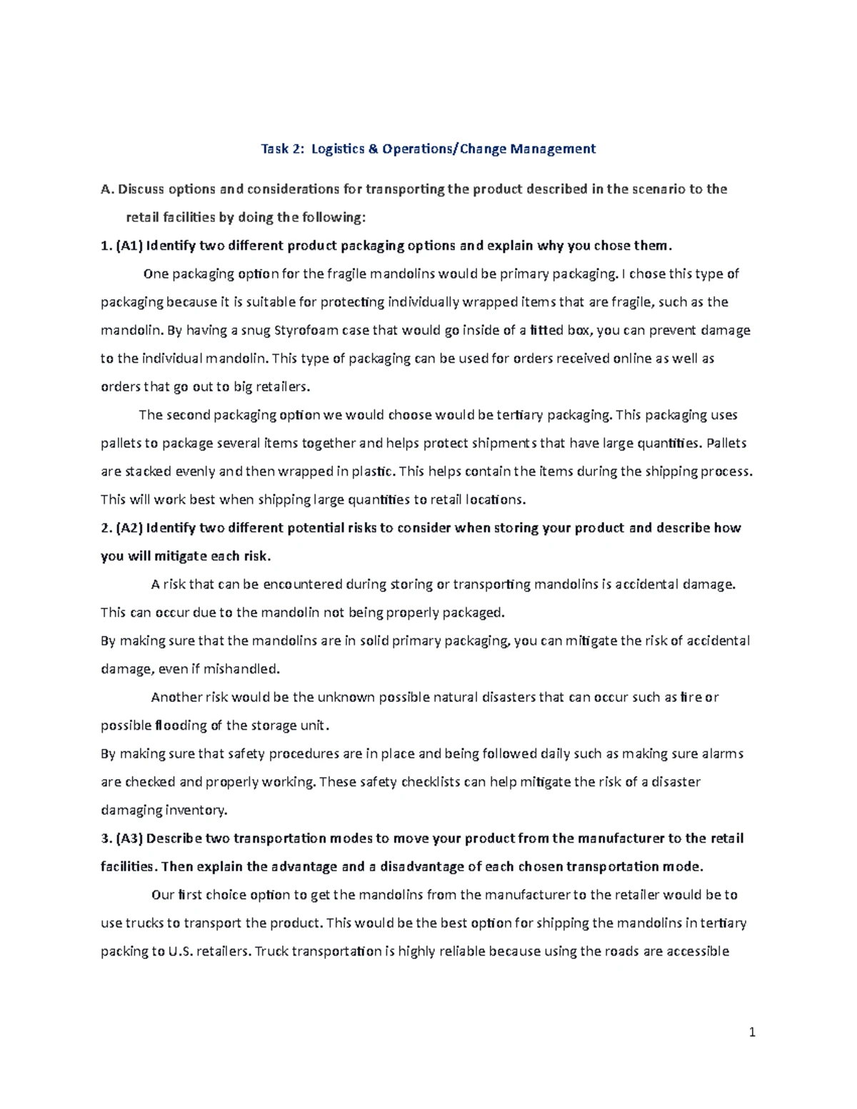 D079 Task 2 - Business Applications in Logistics and Packaging ...