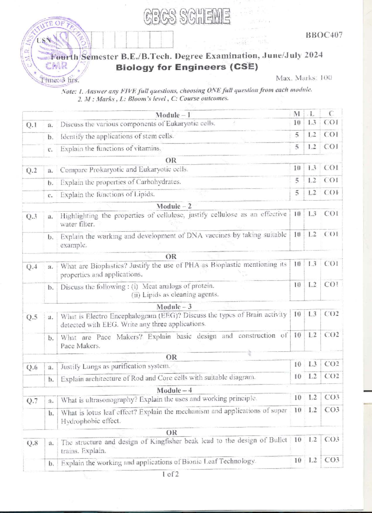 VTU Question Paper BBOC407 Biology for Computer Engineers Jun-July 2024 ...