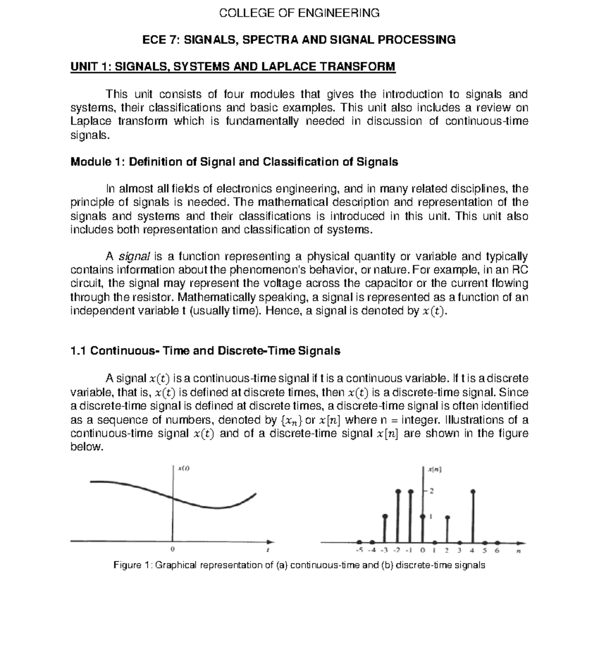 ECE 7: Signals, Systems & Laplace Transform - Module 1 Overview - Studocu