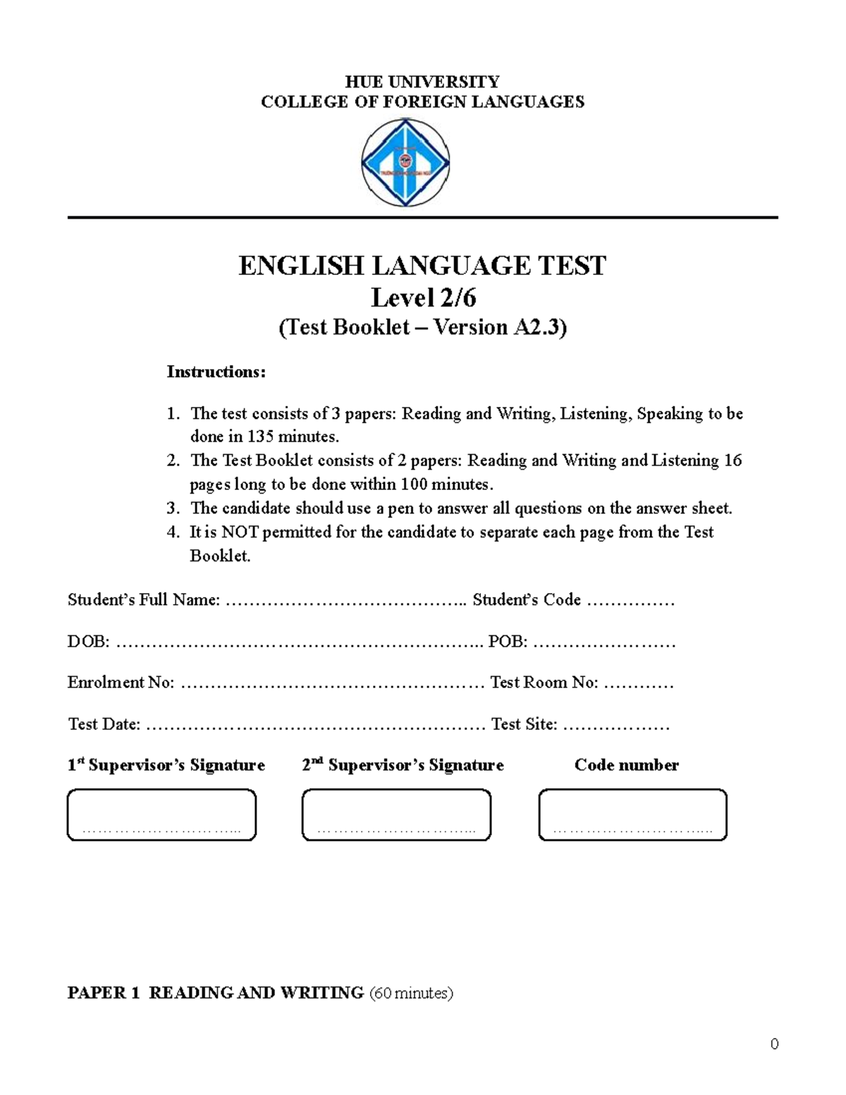 A2 - English Language Test Booklet (Version A2.3) - Studocu