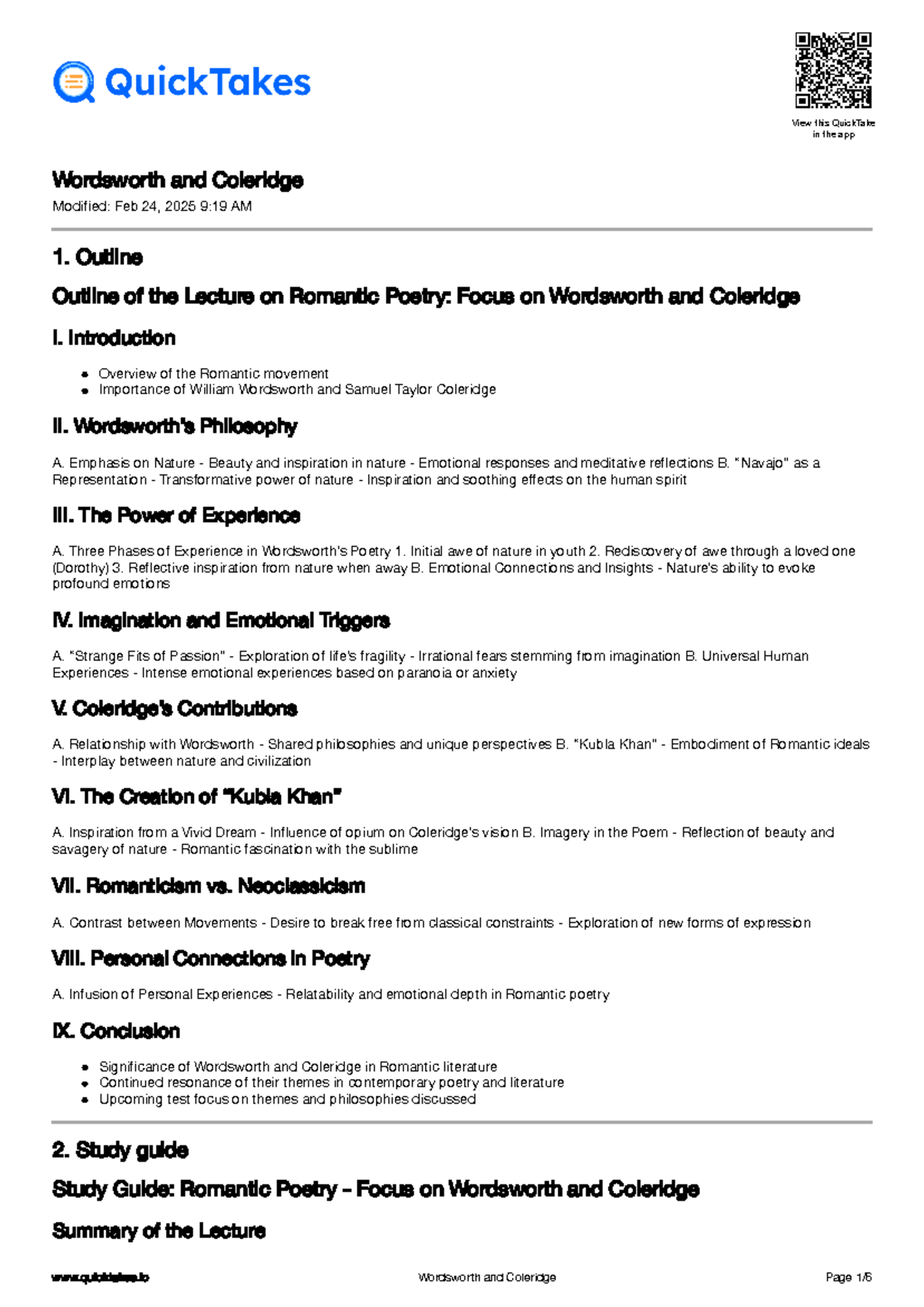 Lecture Outline: Romantic Poetry Focus on Wordsworth & Coleridge - Studocu