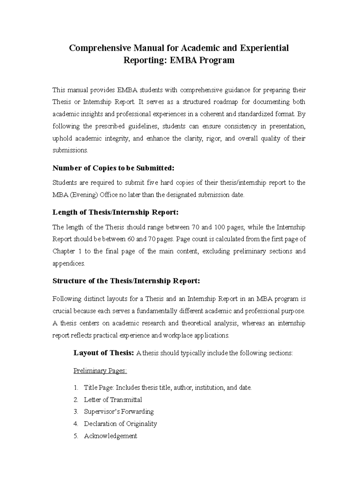 EMBA Thesis & Internship Report Manual: Guidelines & Structure - Studocu