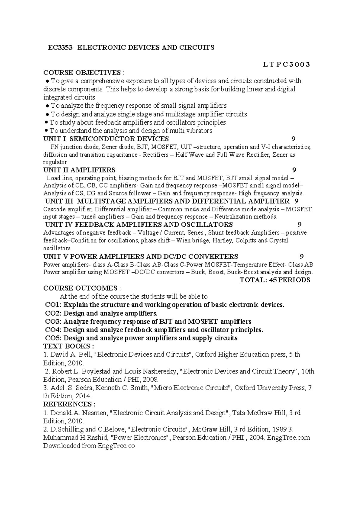 EC3353 Electronic Devices and Circuits Syllabus Overview - Studocu